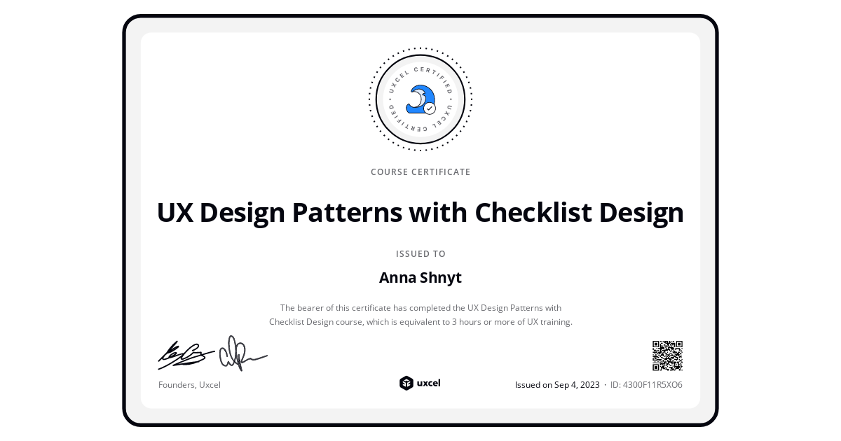 Certificate of completion for UX Design Patterns with Checklist Design | Uxcel